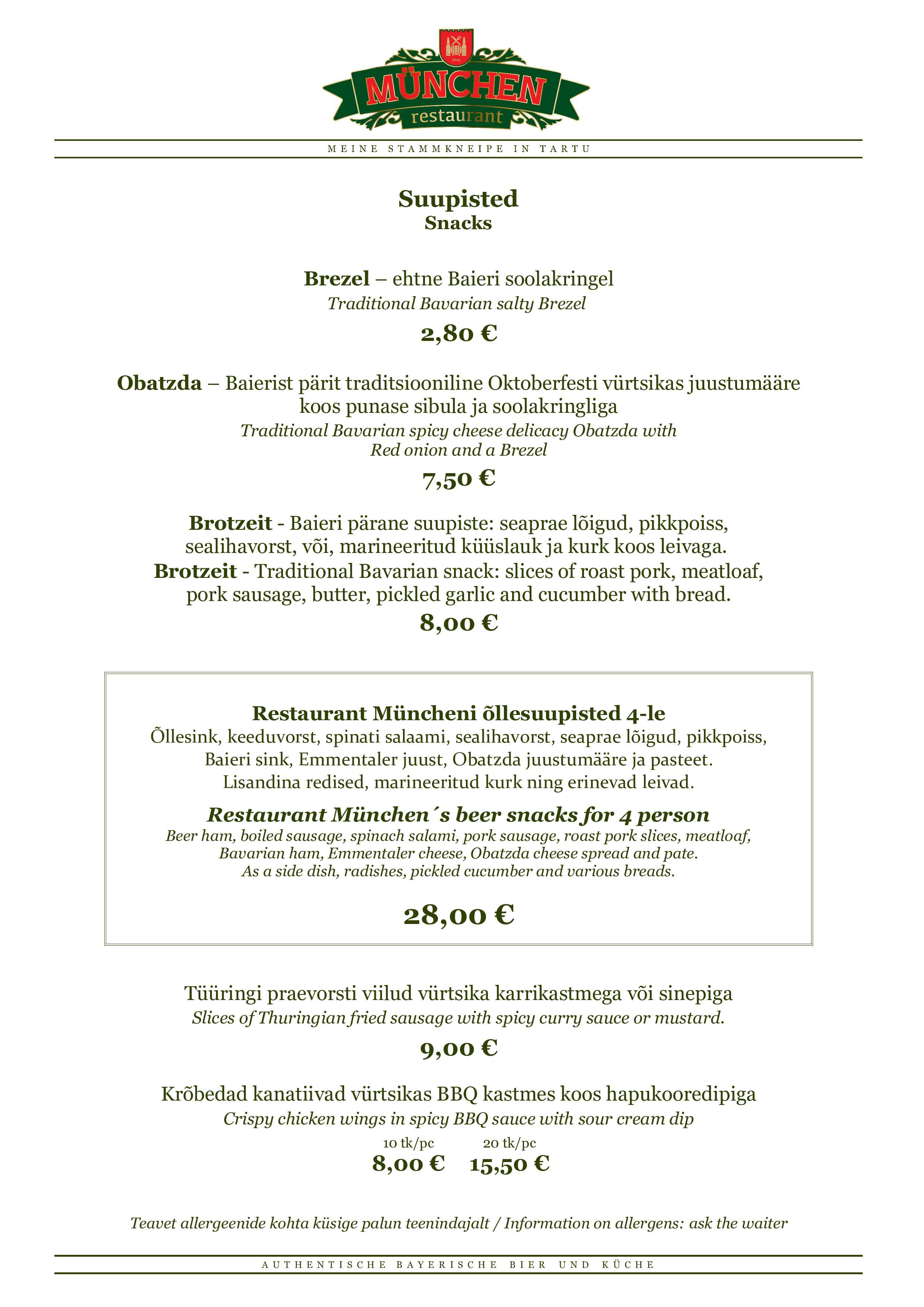 Menüü – Restaurant Munchen