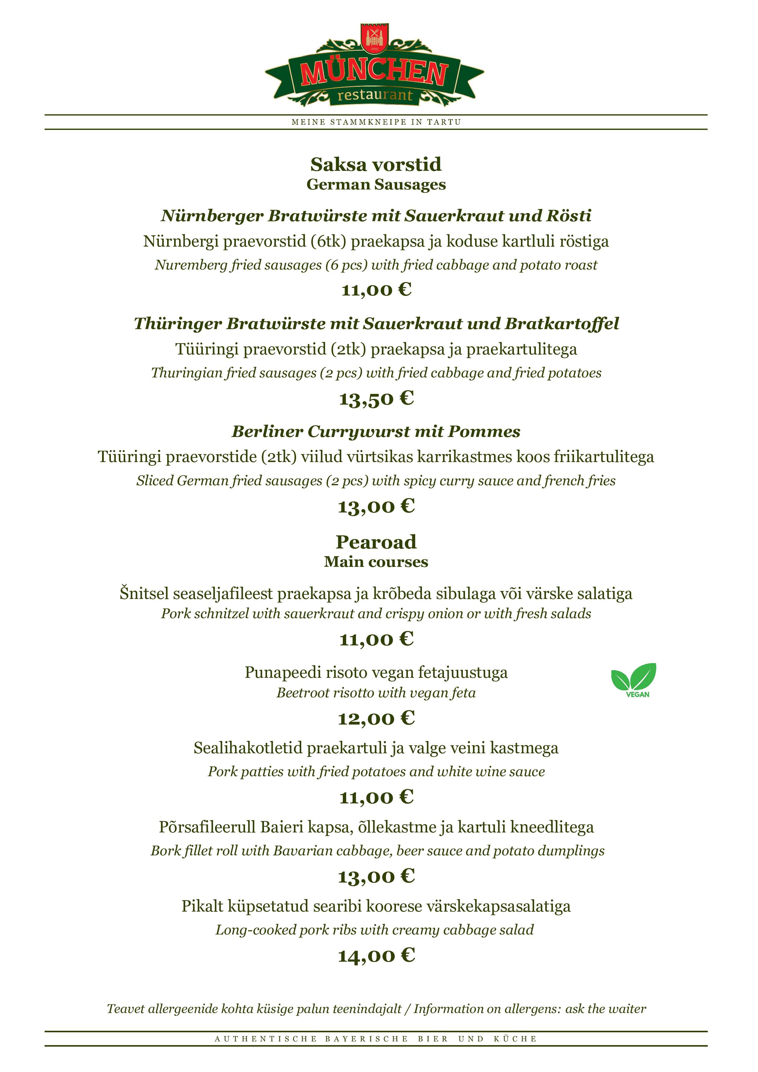 Menüü – Restaurant Munchen