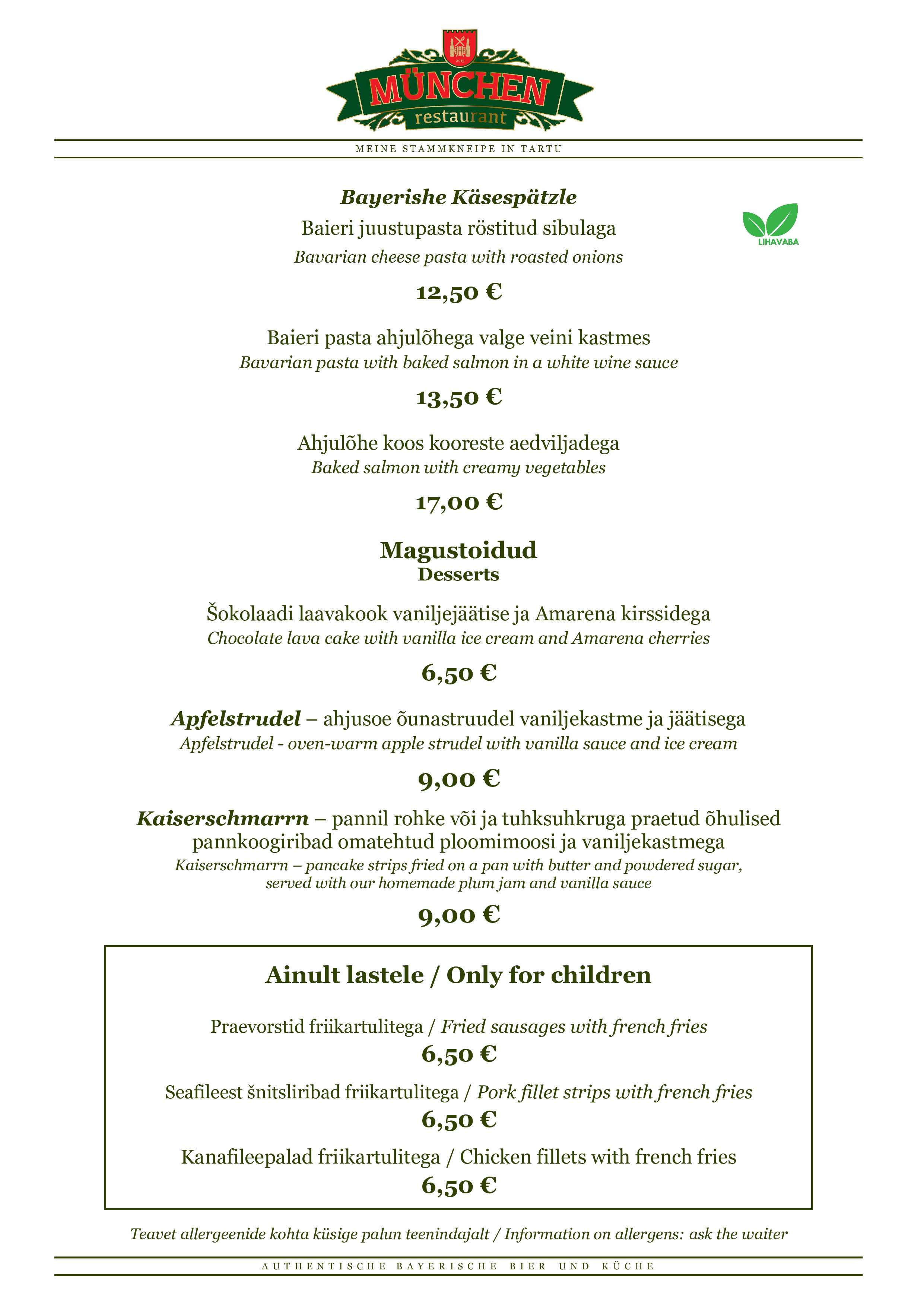 Menüü – Restaurant Munchen