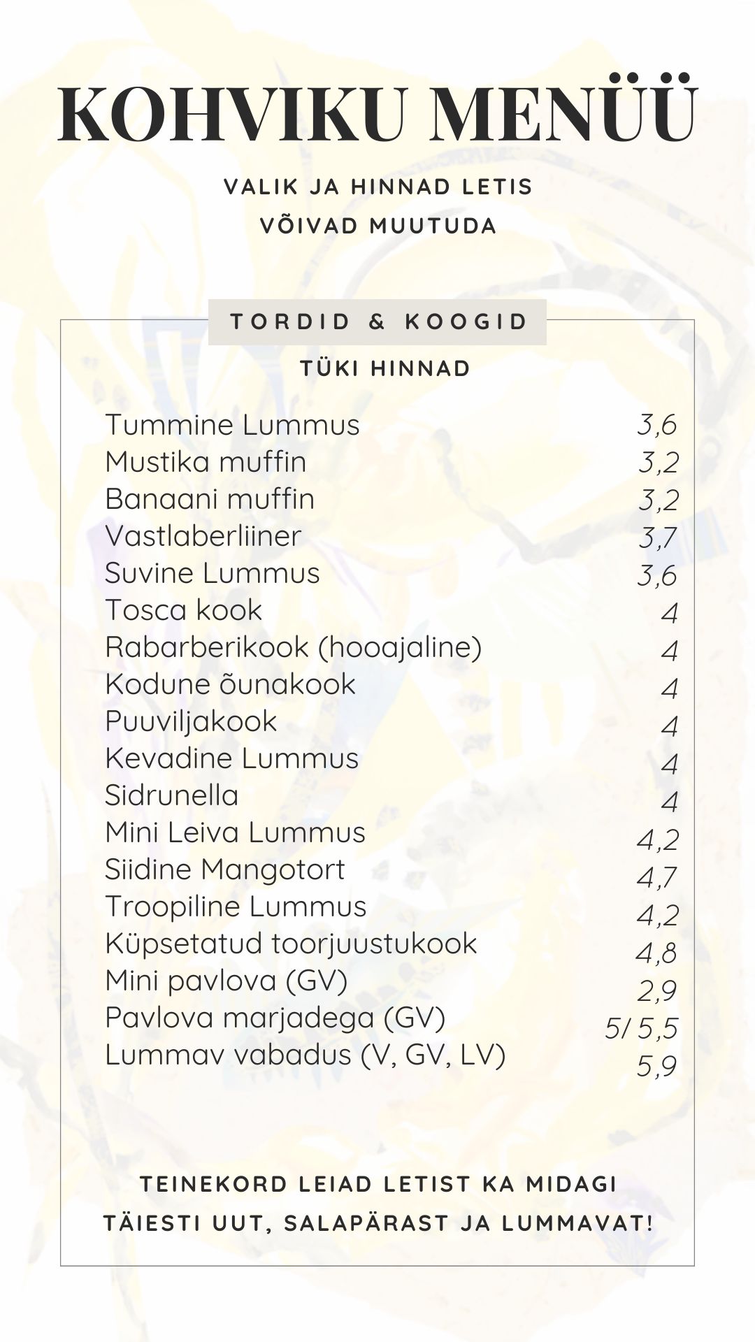Kunstikohvik Lummus – Menüü
