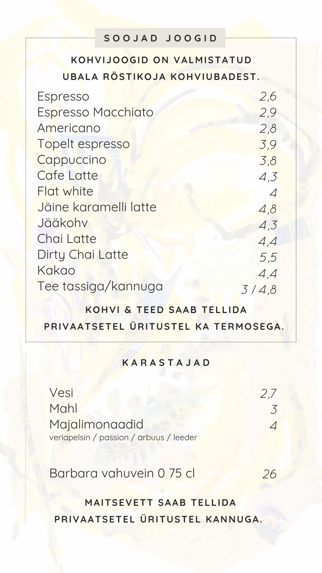 Kunstikohvik Lummus – Menüü