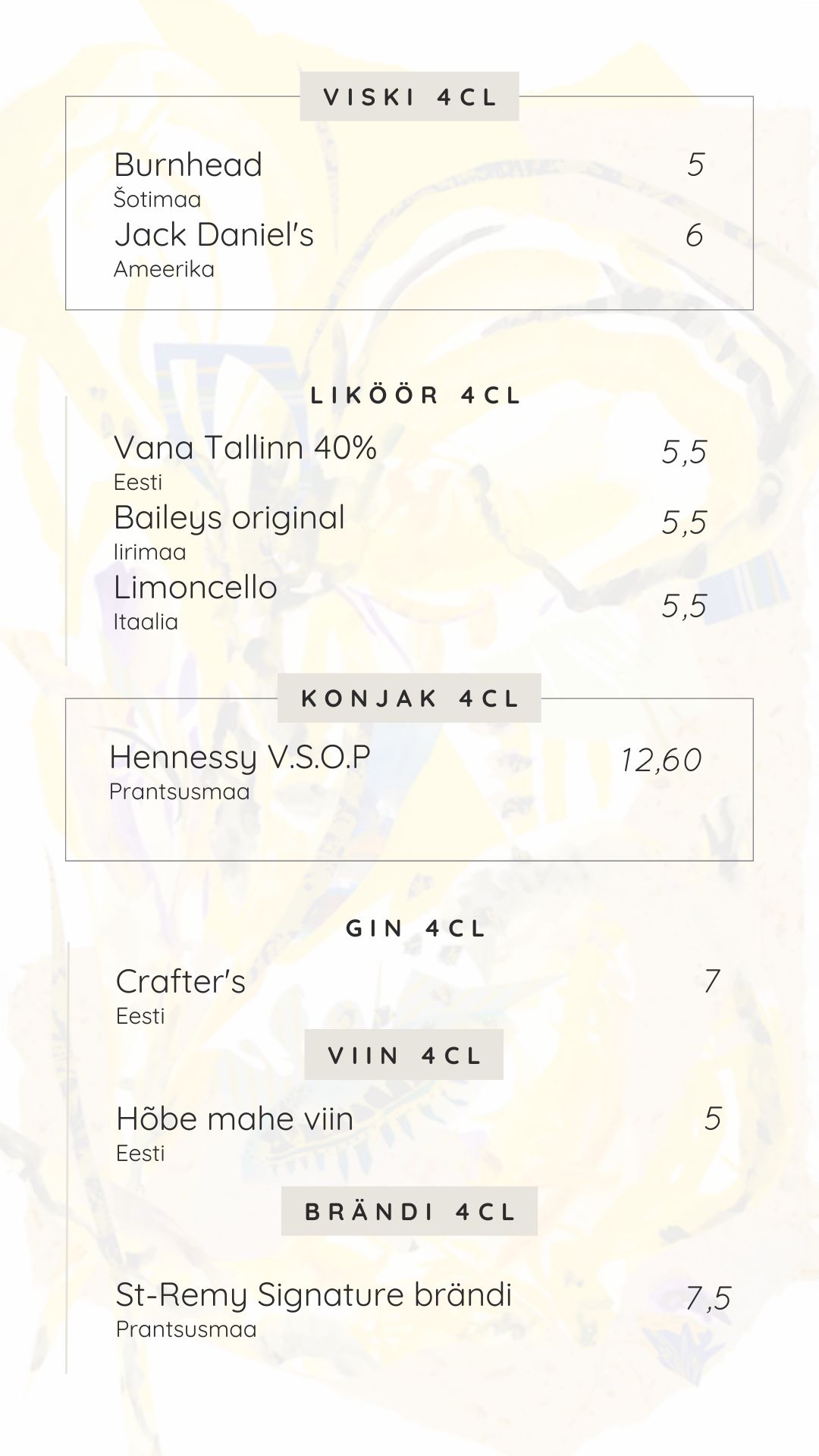 Kunstikohvik Lummus – Menüü