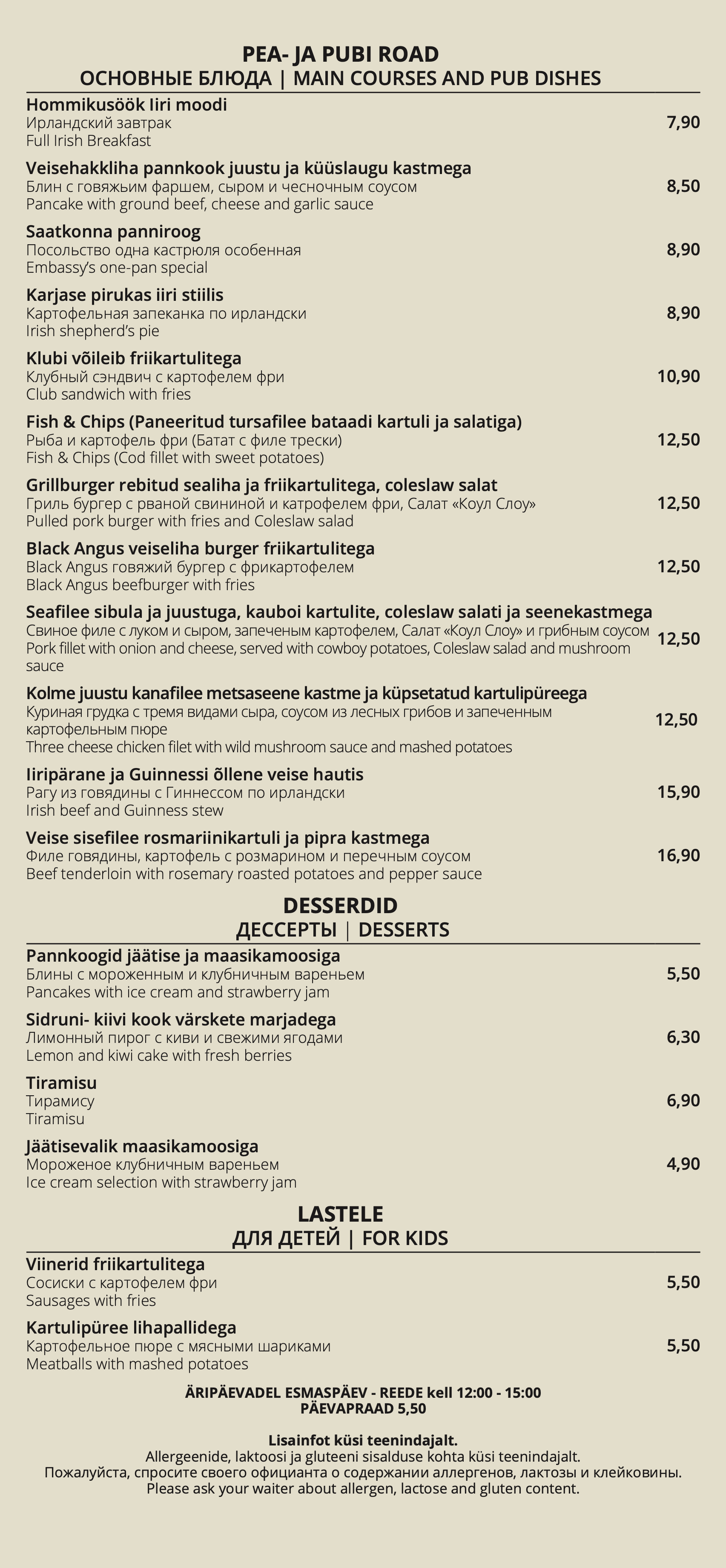 Menüü – The Irish Embassy Pub - Tartu